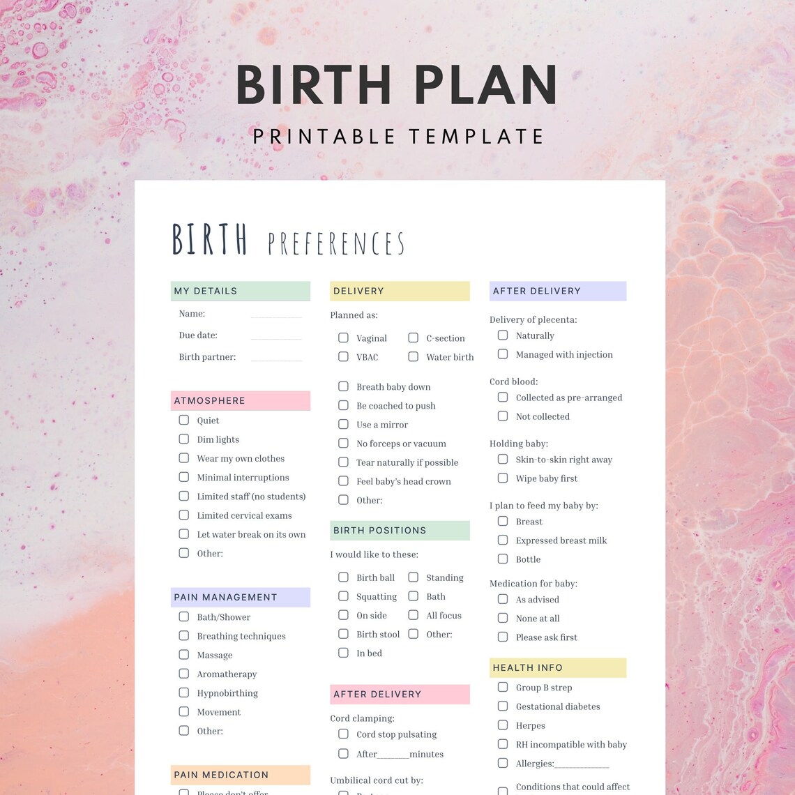 Birth Plan Template, Bith Preferences, A4 & A5 Size - Etsy