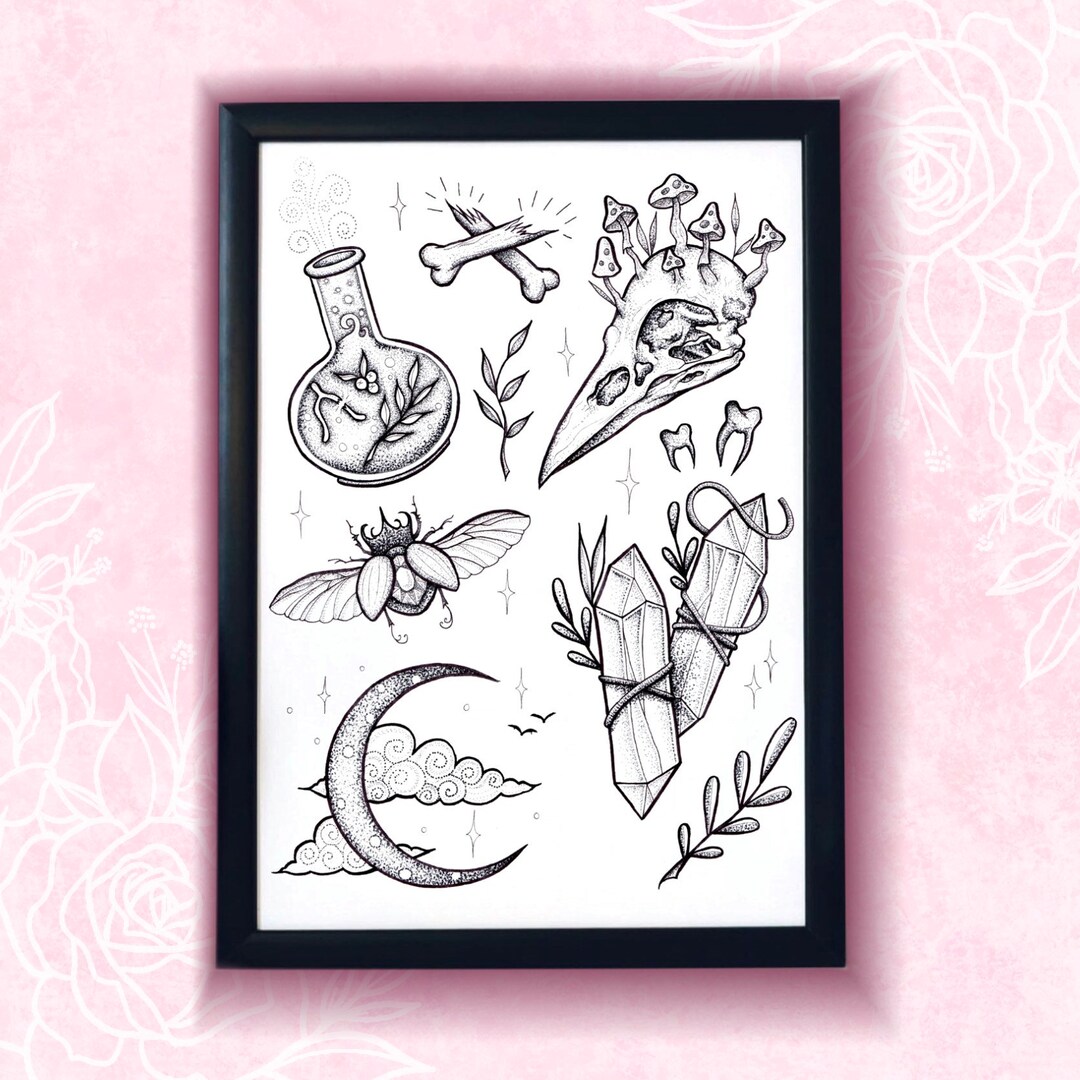 Witchy Tattoo Flash Art Print, A5/A4 Haunted Witchy, Wicca, Mushroom ...