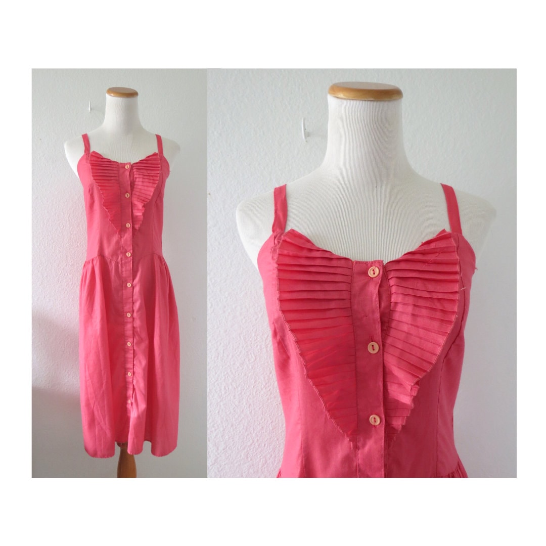 Vintage Pink Sundress - 80s Watermelon Pink Dress - Midi Length Summer ...
