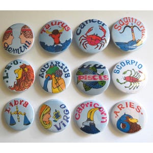 Vintage Style Pinback Buttons - 60s 70s Zodiac Novelty Pins - Astrology ...