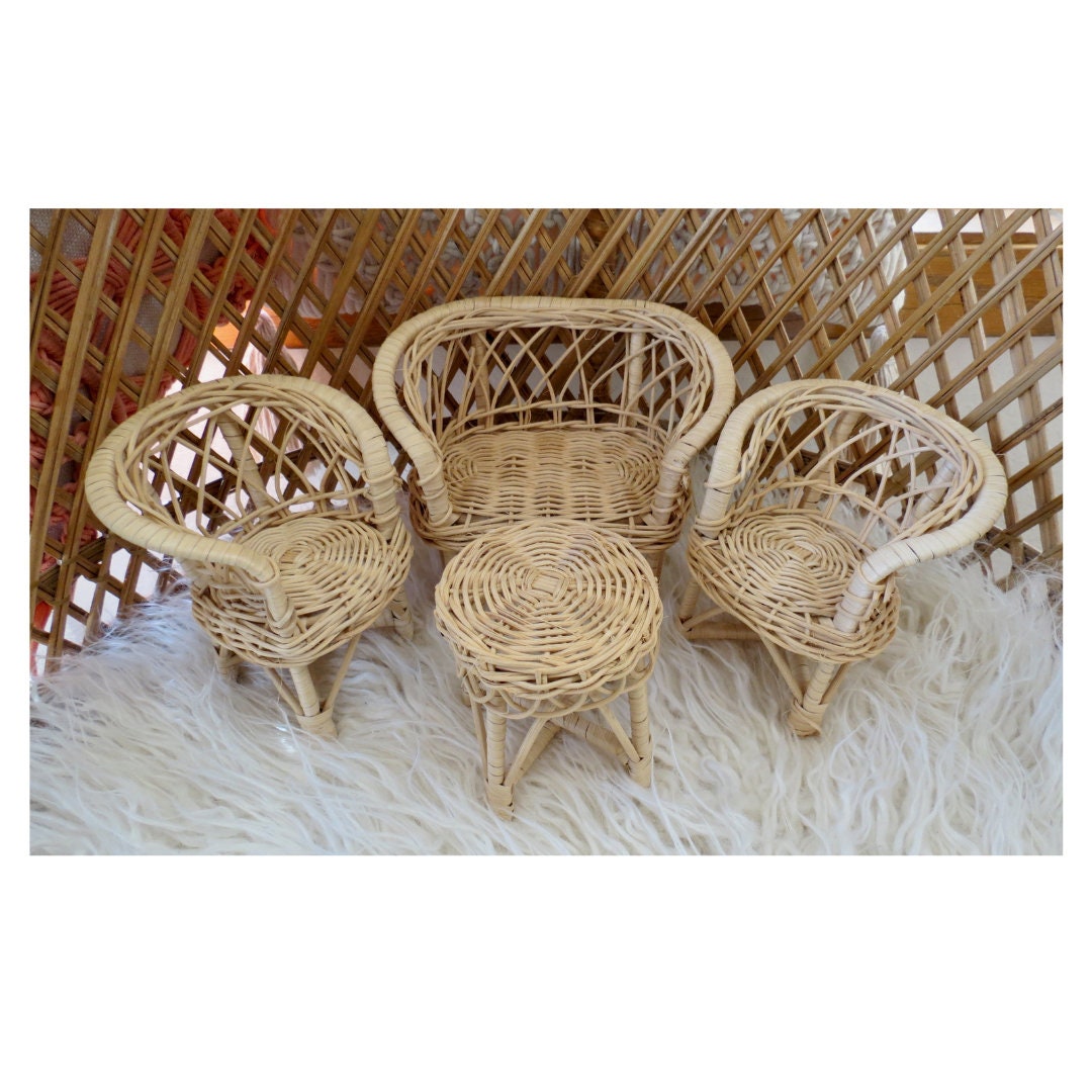 Vintage Wicker Mini Furniture Set Rattan Dollhouse Chairs & Table Boho ...