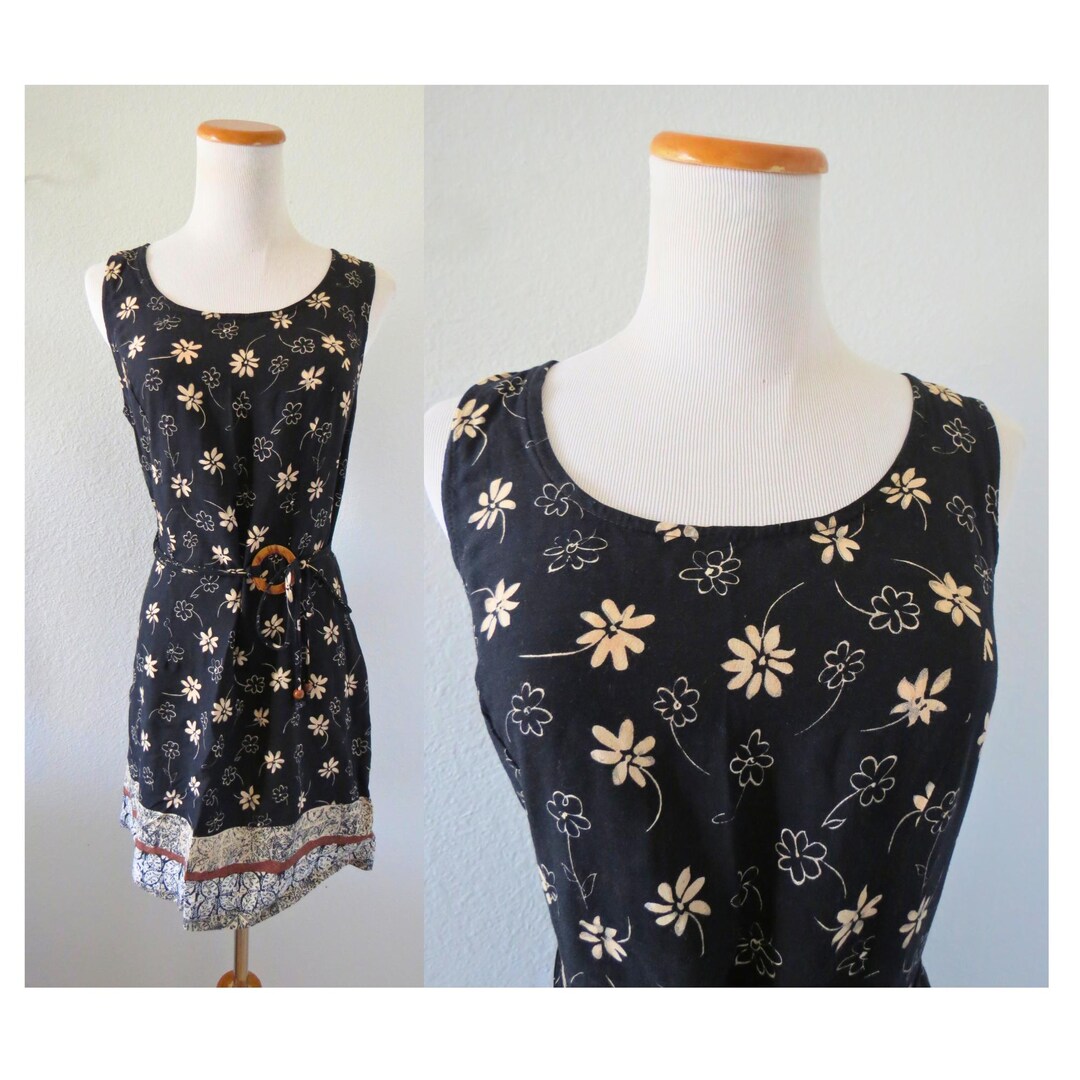 Vintage 90s Summer Dress - Black Floral Sleeveless Mini Sundress - Size ...