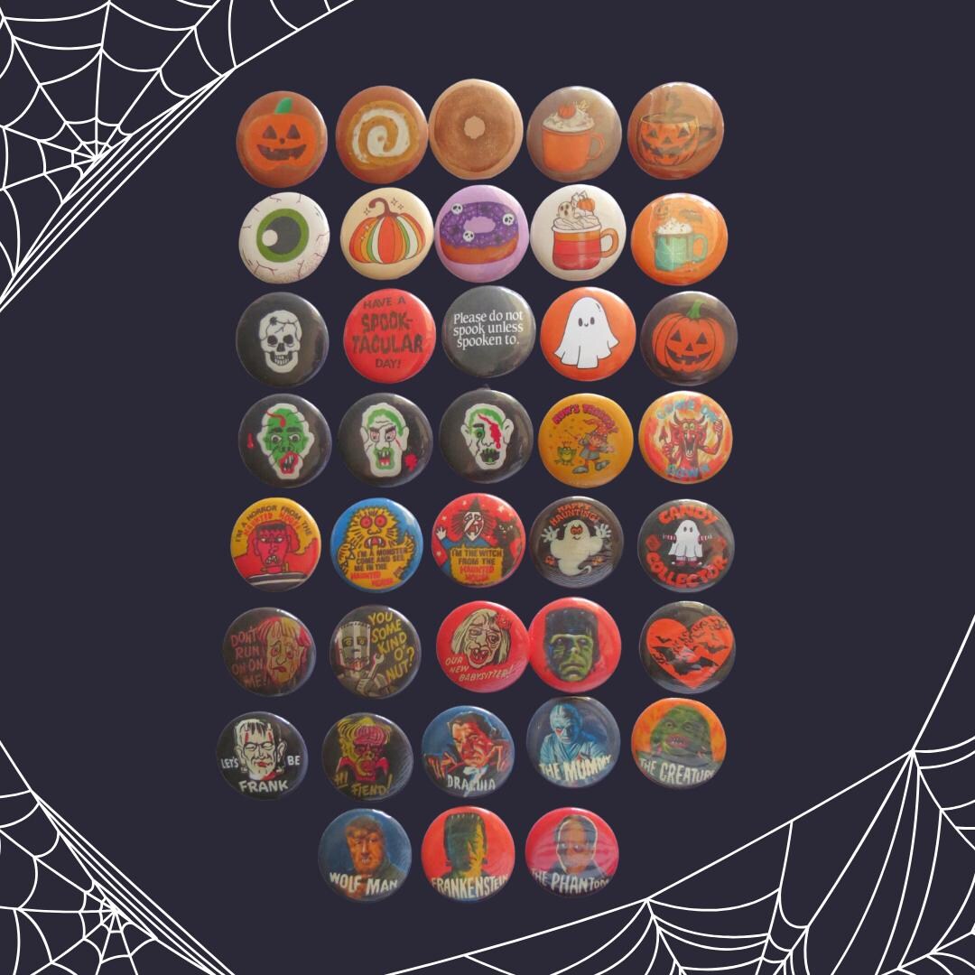 Vintage Style Halloween Pinback Buttons - Spooky Ghost Pumpkin Skeleton ...
