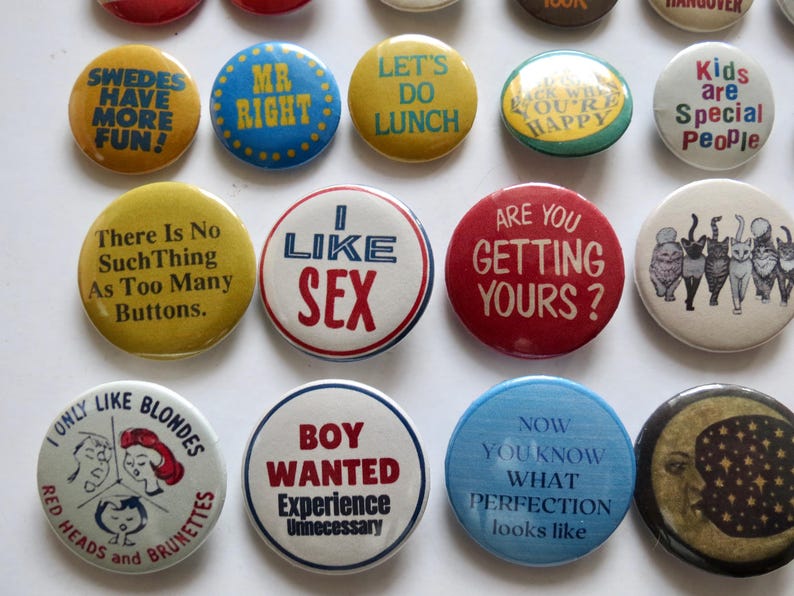 Vintage Style Pinback Buttons - 60s 70s 80s Novelty Pins - Reproduction ...