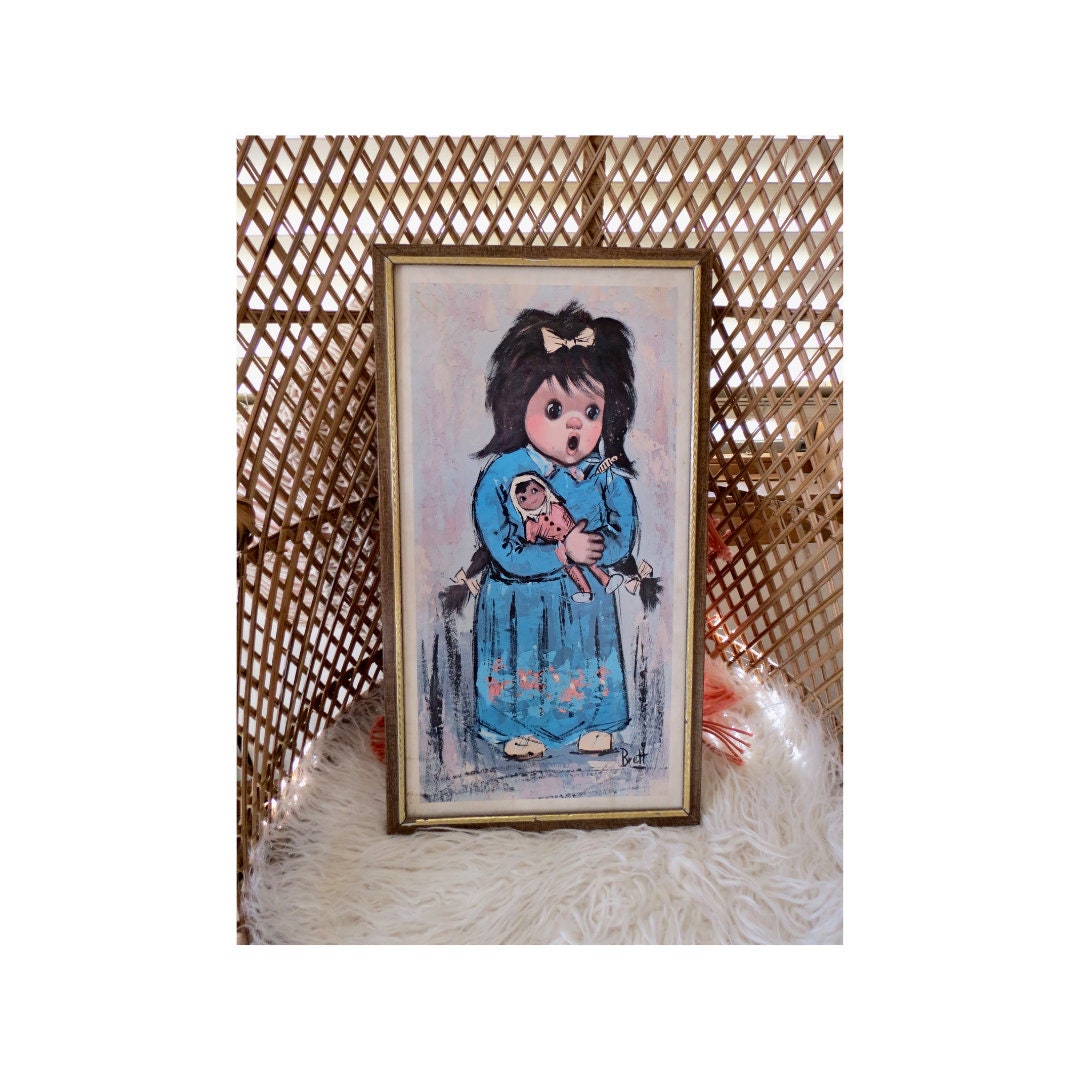 Vintage Big Eye Art - Litho Wall Hanging by Brett - 60s 70s Sad Eyed ...