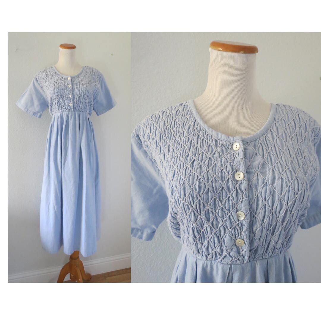 Vintage Chambray Midi Dress - 90s Light Blue Smocked Cotton Short ...