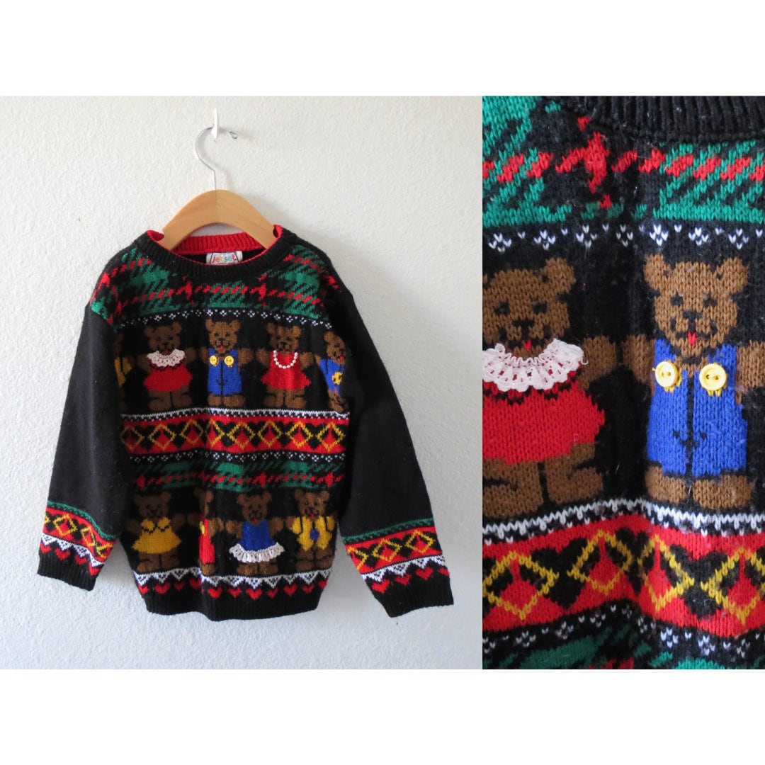 Vintage Teddy Bears Sweater 80s Girl's Pullover Knit Novelty Sweater ...