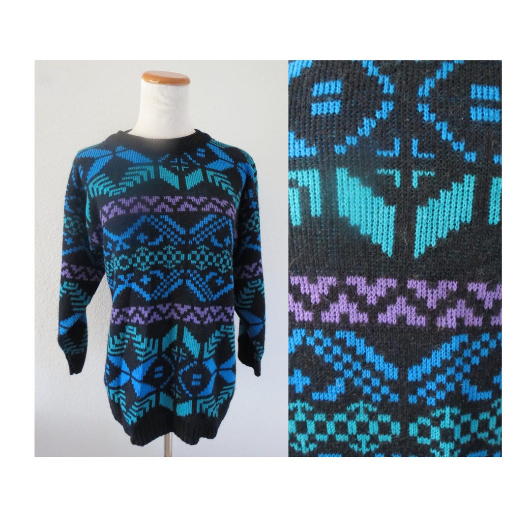 Vintage 80s Sweater - Colorful Bold Abstract Pattern Acrylic Knit ...