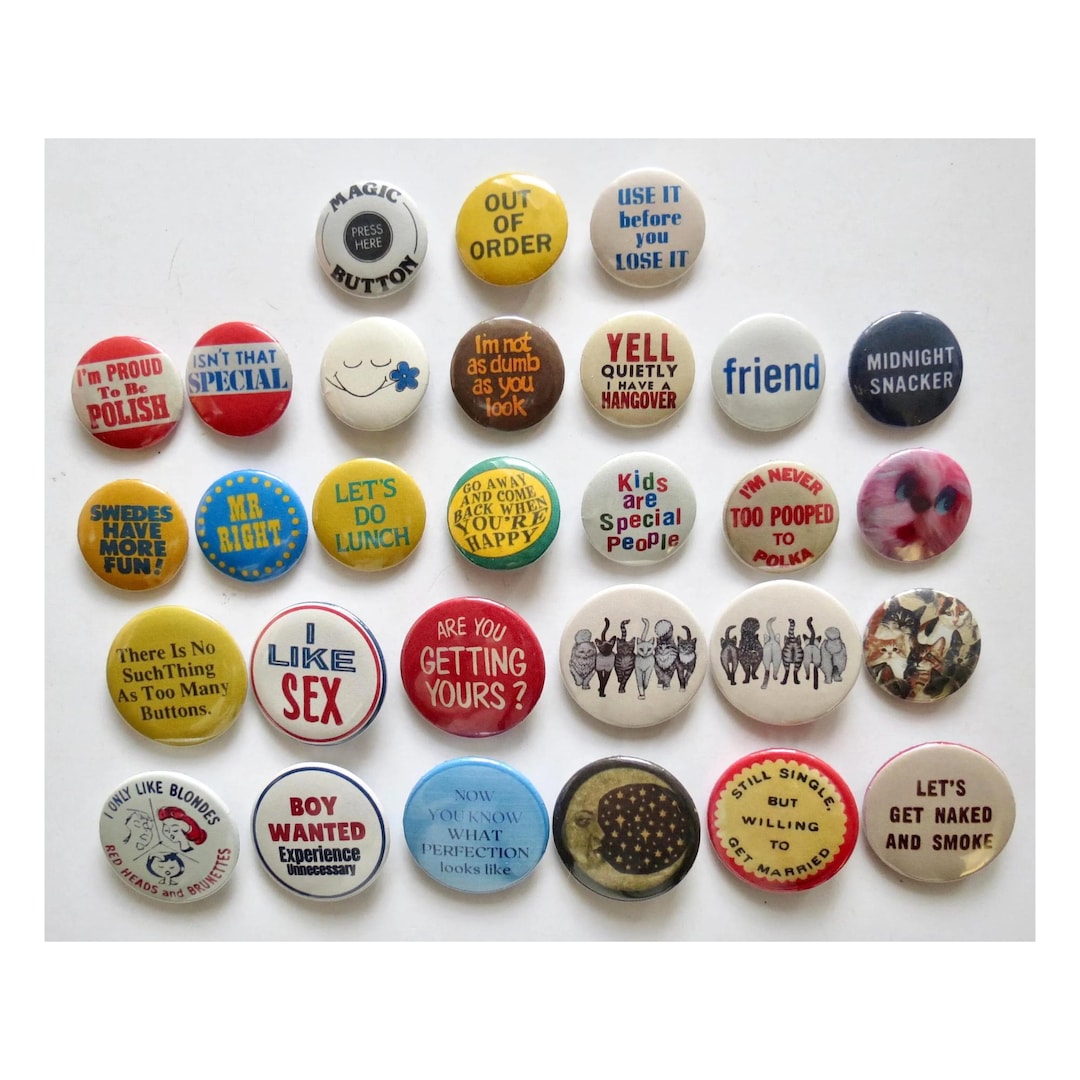 Vintage Style Pinback Buttons - 60s 70s 80s Novelty Pins - Reproduction ...
