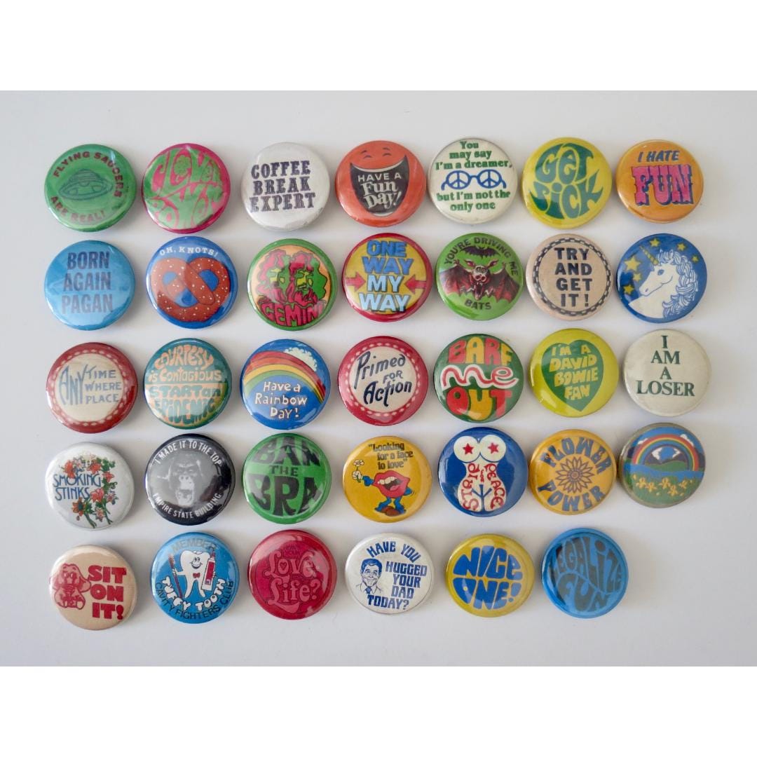 Vintage Style Pinback Buttons - 60s 70s 80s Misc. Novelty Pins ...