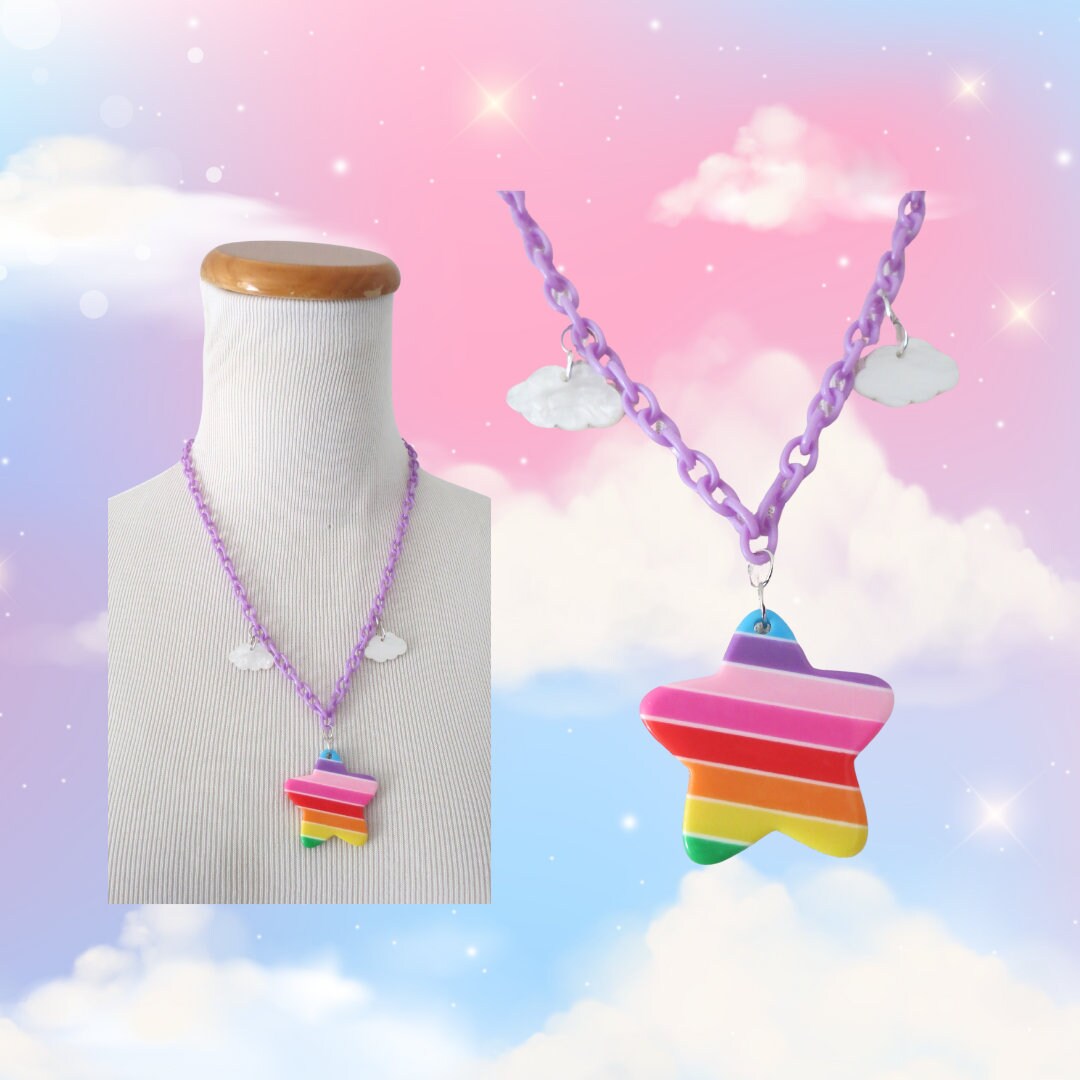 Kawaii Necklace Pastel Rainbow Star & Clouds Plastic Chain Pendant ...