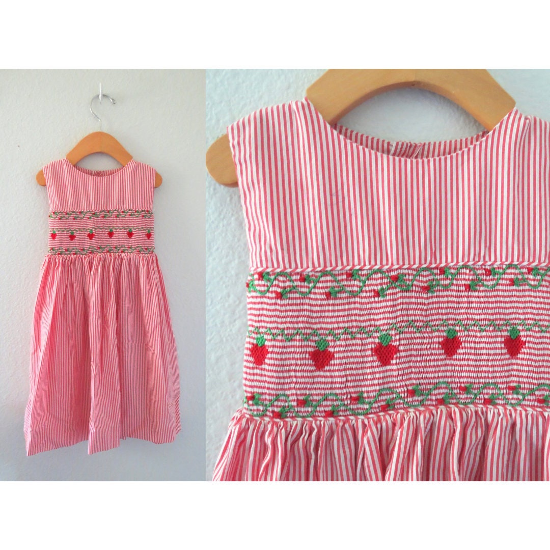 Vintage Girls Smocked Dress Red Strawberry Sleeveless - Etsy