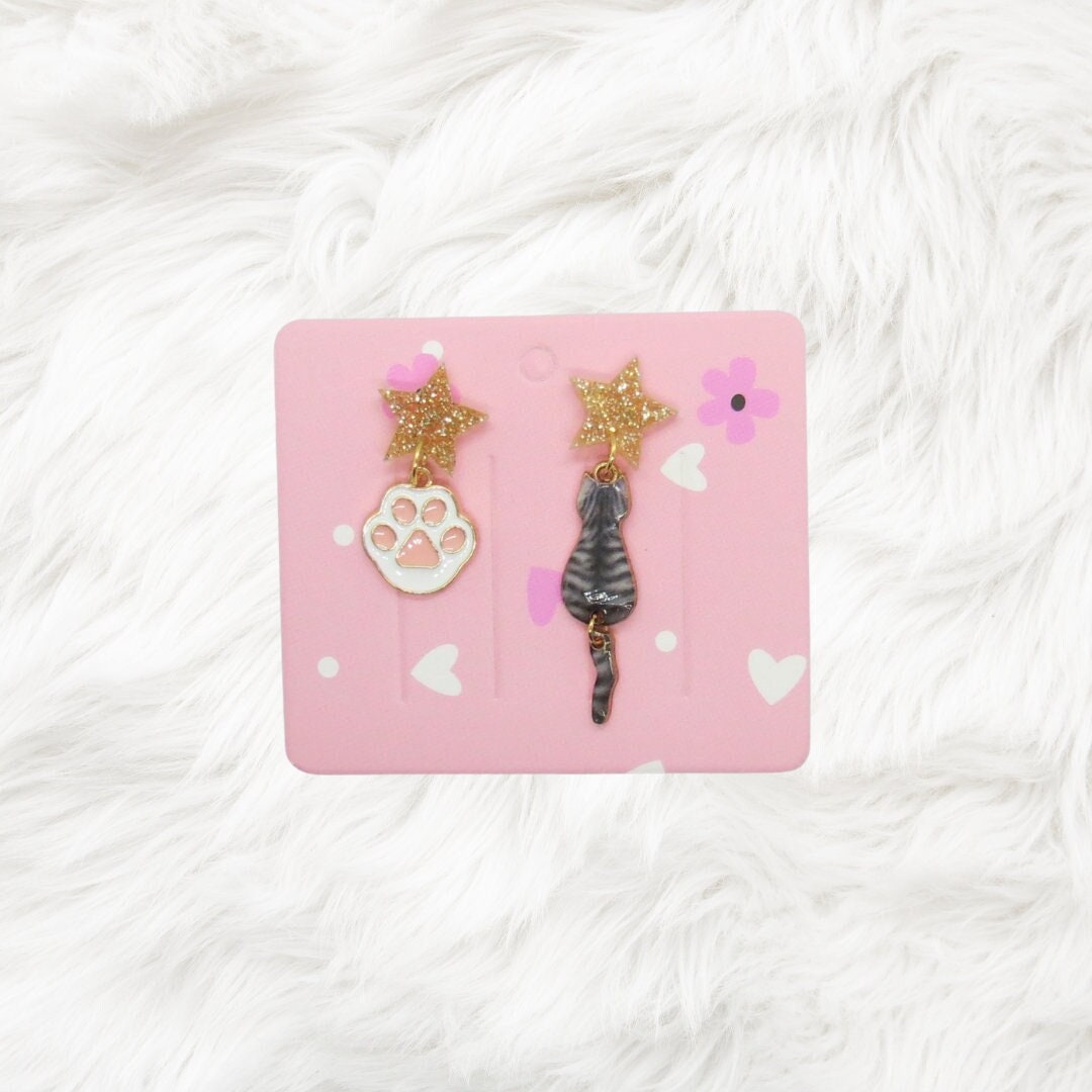 Gray Tabby Cat Earrings Mismatched Kitty & Paw Dangle Drop - Etsy