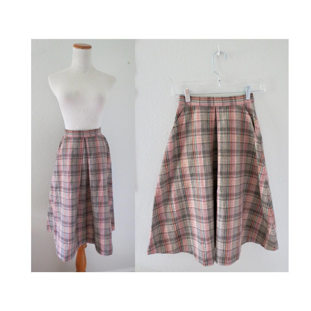 Vintage 70s Plaid Midi Skirt - Pink High Waisted A-line Skirt Fall Autumn Winter - Size XXS - Etsy