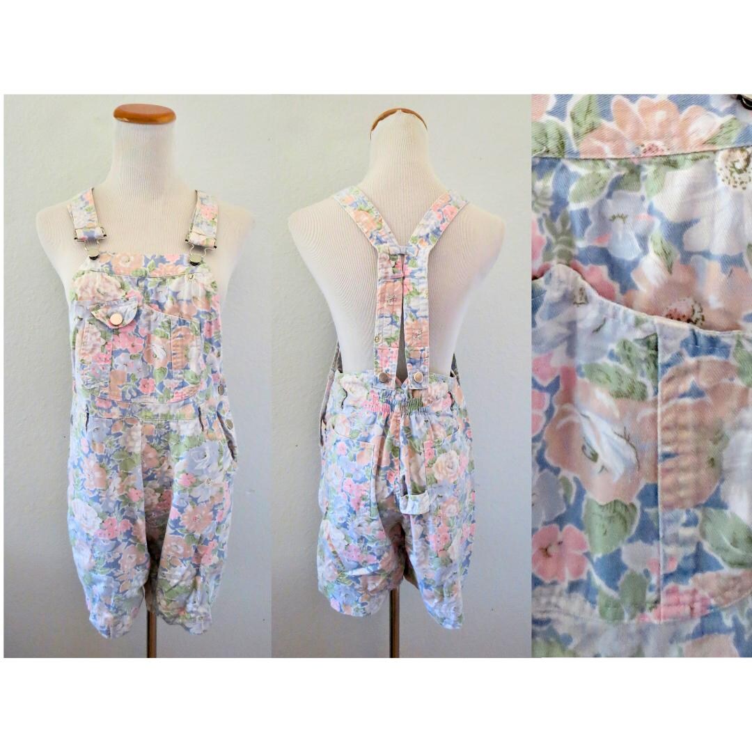 Vintage Women's Floral Overalls - 90s Denim Boho Sleeveless Shortalls ...