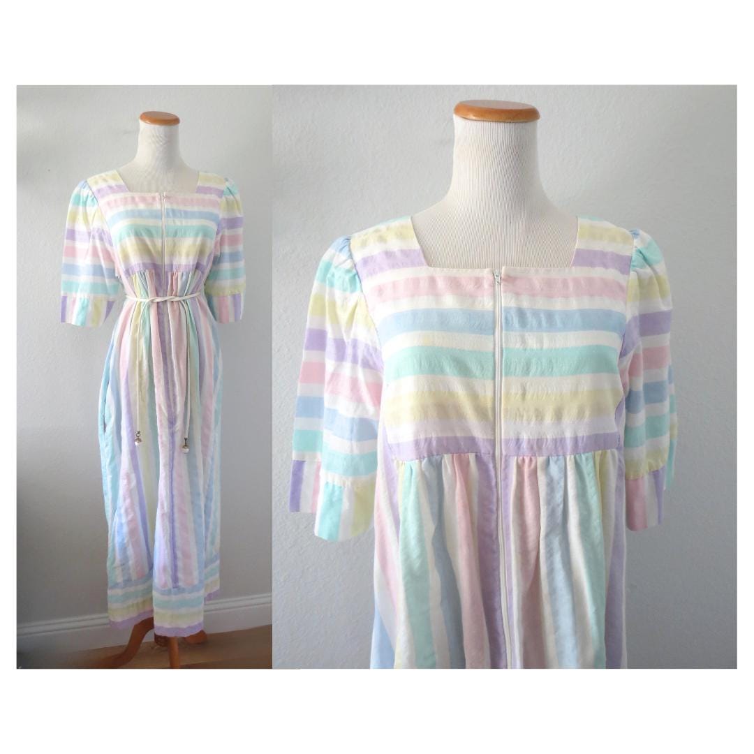 Vintage Rainbow Striped Dress - Pastel Candy Colors Stripe House Dress ...