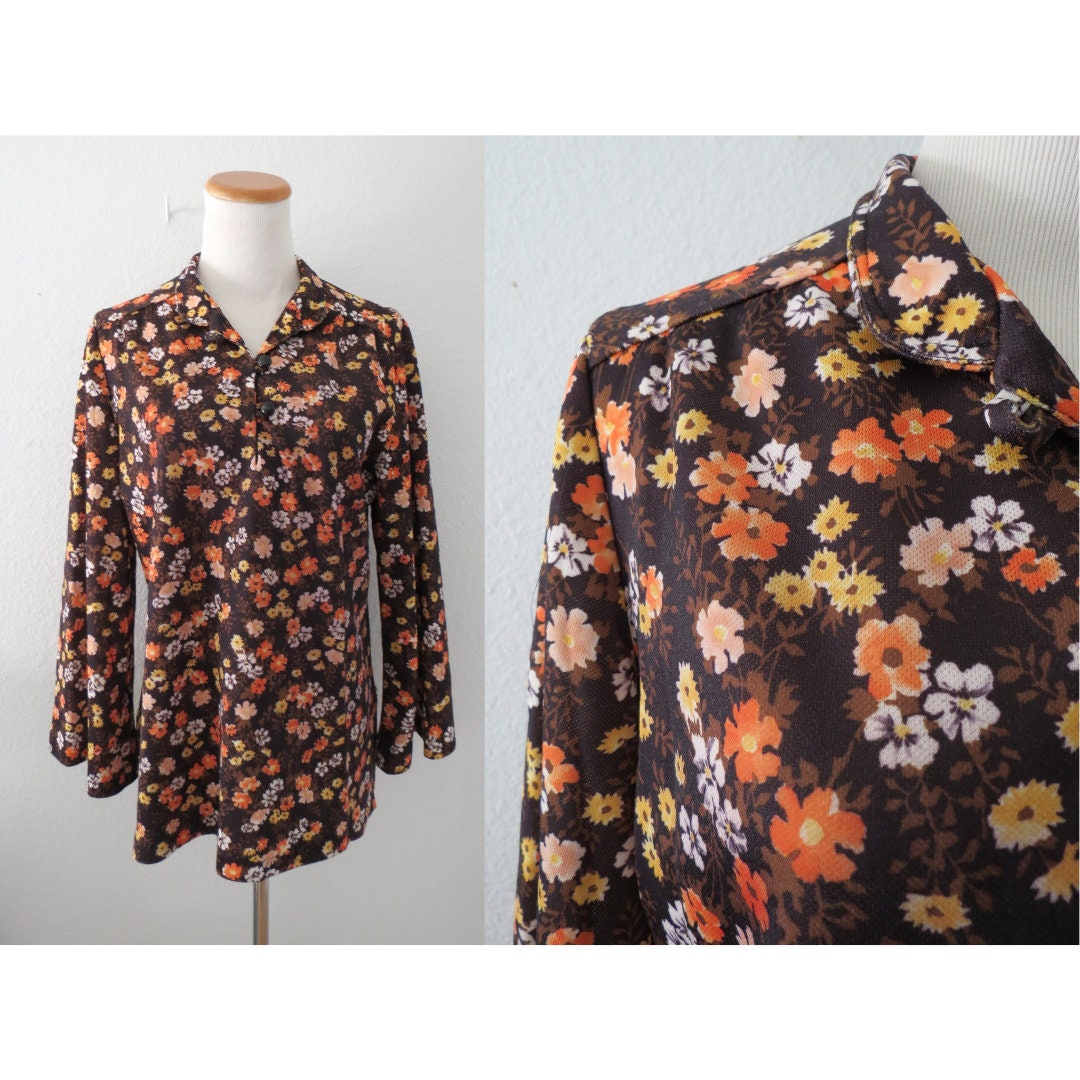 Groovy Floral Blouse Vintage 70s Fall Mod Flower Print Top Hippie Tunic ...