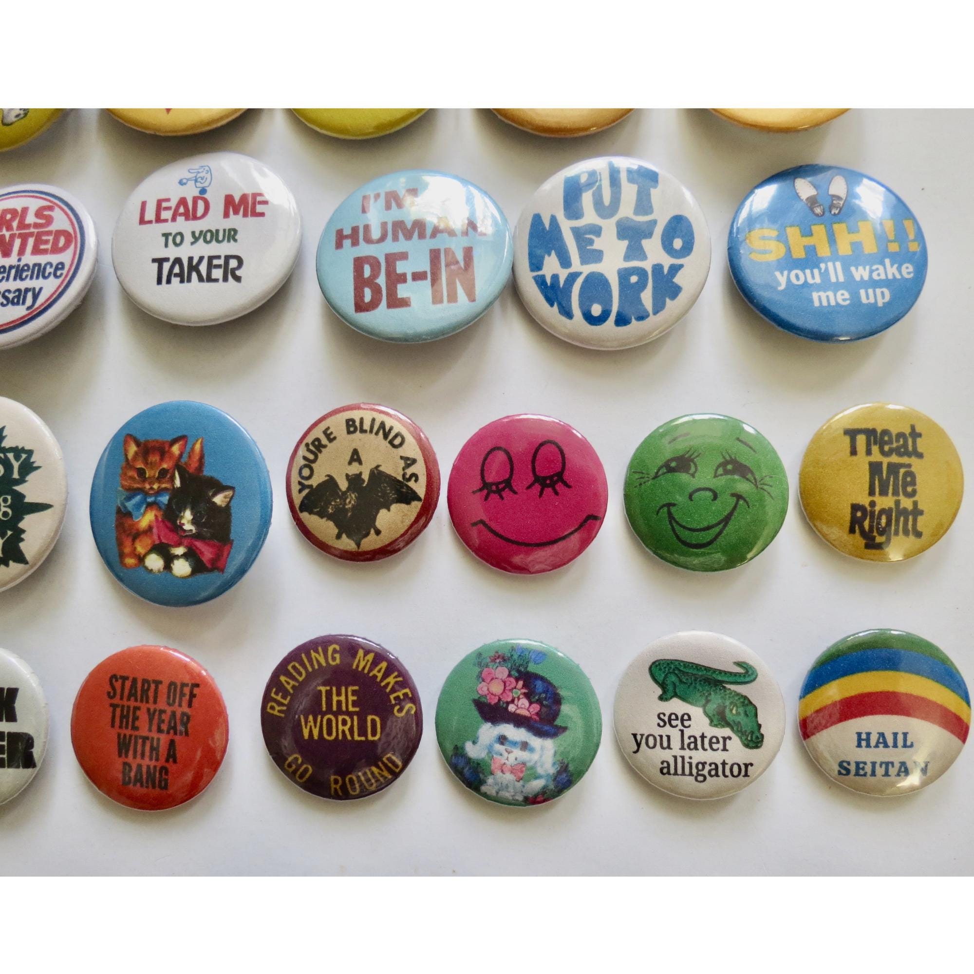 Vintage Style Pinback Buttons - 60s 70s 80s Novelty Pins - Reproduction ...