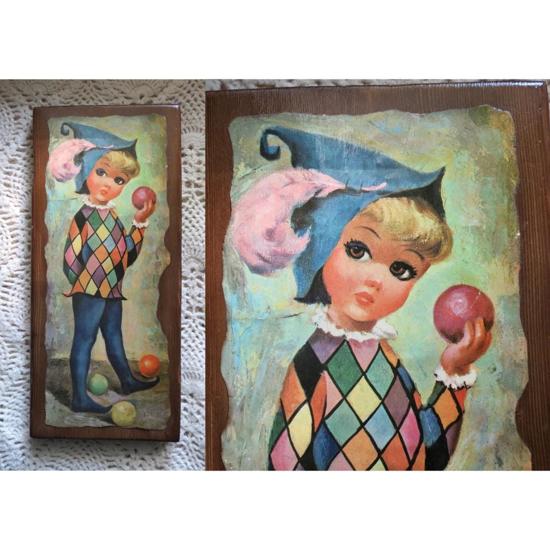 Vintage Big Eyes Wall Hanging - Goji Harlequin Girl Litho - Sad Eye Mod ...