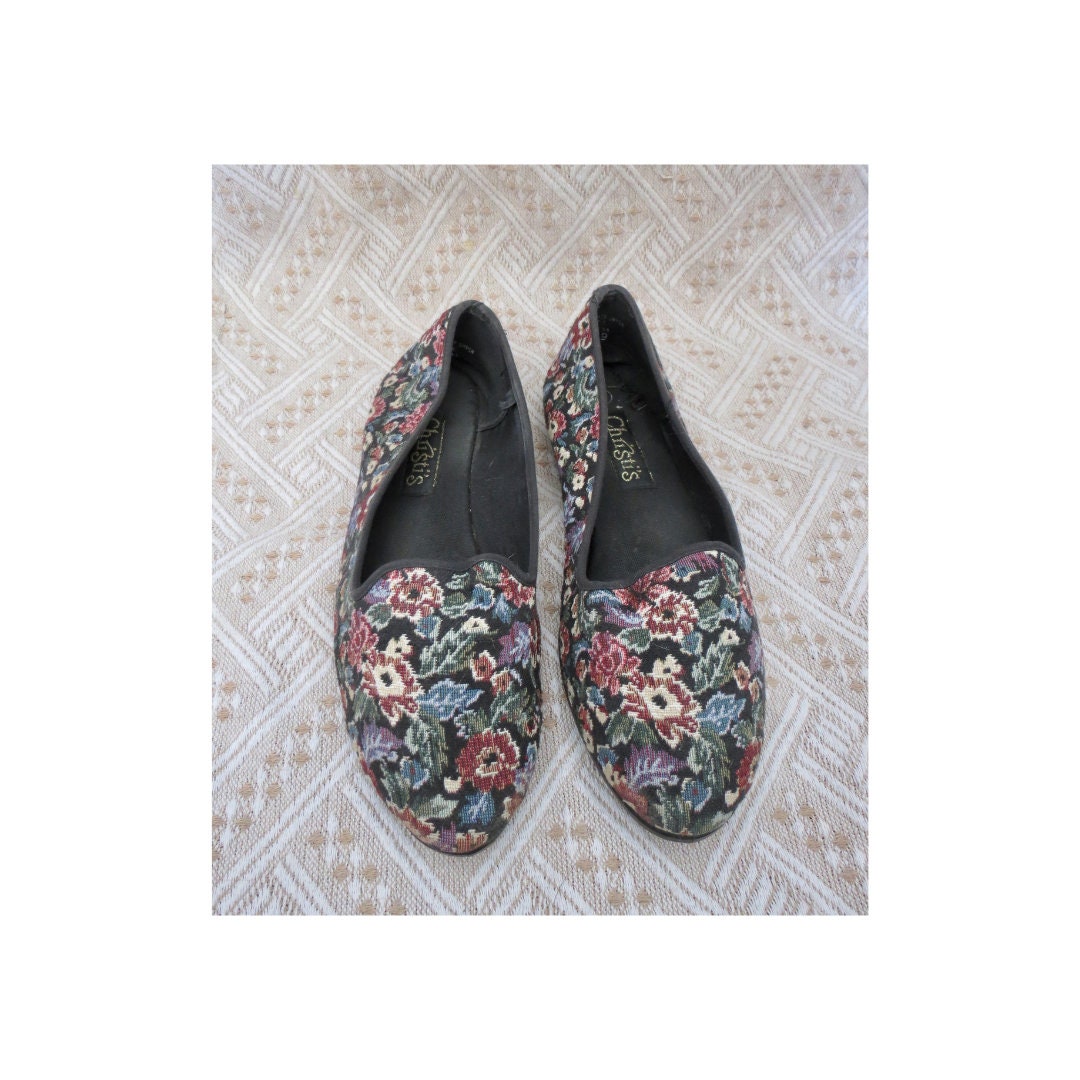 Vintage Tapestry Flats - Floral Fabric Slip on Shoes - 90s Loafers ...