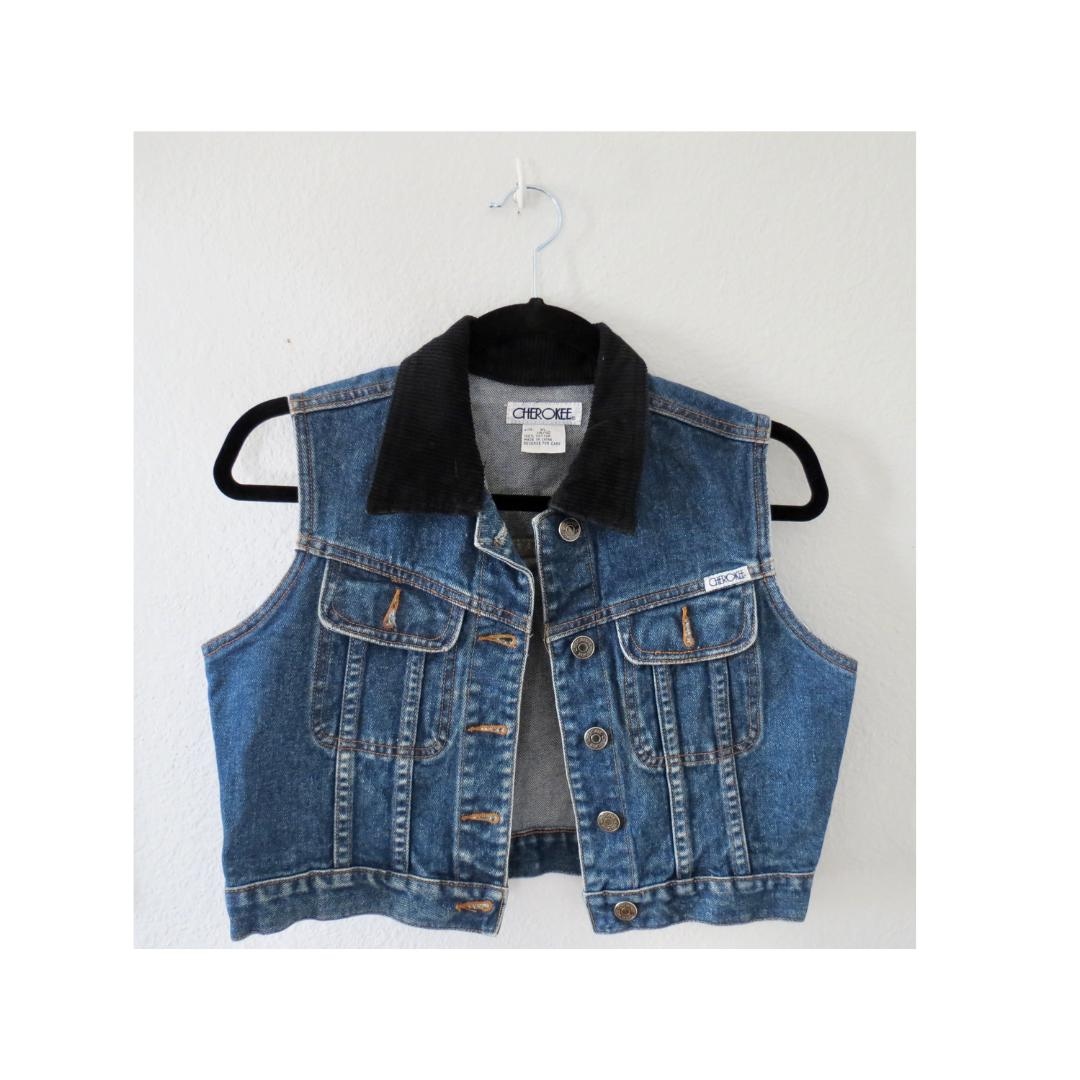 Vintage Girls Denim Vest - 90s Sleeveless Jean Jacket With Corduroy ...
