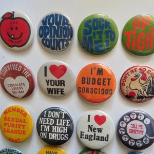 Vintage Style Pinback Buttons - 60s 70s 80s Misc. Novelty Pins ...