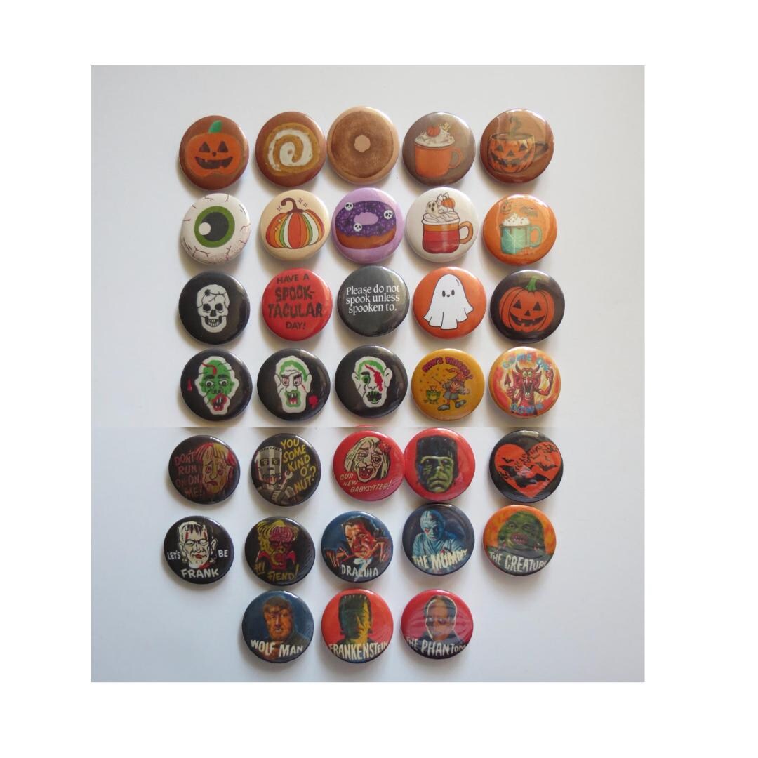 Vintage Style Halloween Pinback Buttons - Spooky Ghost Pumpkin Skeleton ...