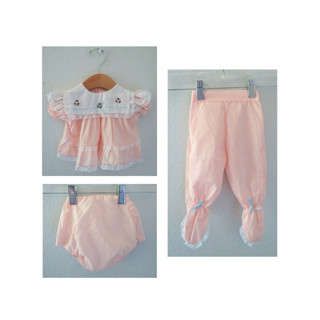 Vintage Baby Girl Clothing Set Pastel Peach Lace Top Bloomer Shorts ...