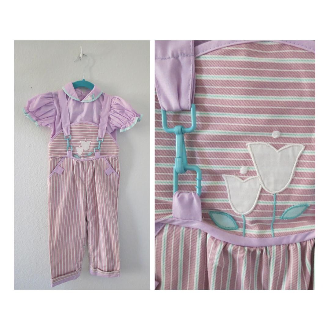 Vintage Girls Overalls - Pastel Purple Romper - Tulip Flower Floral ...