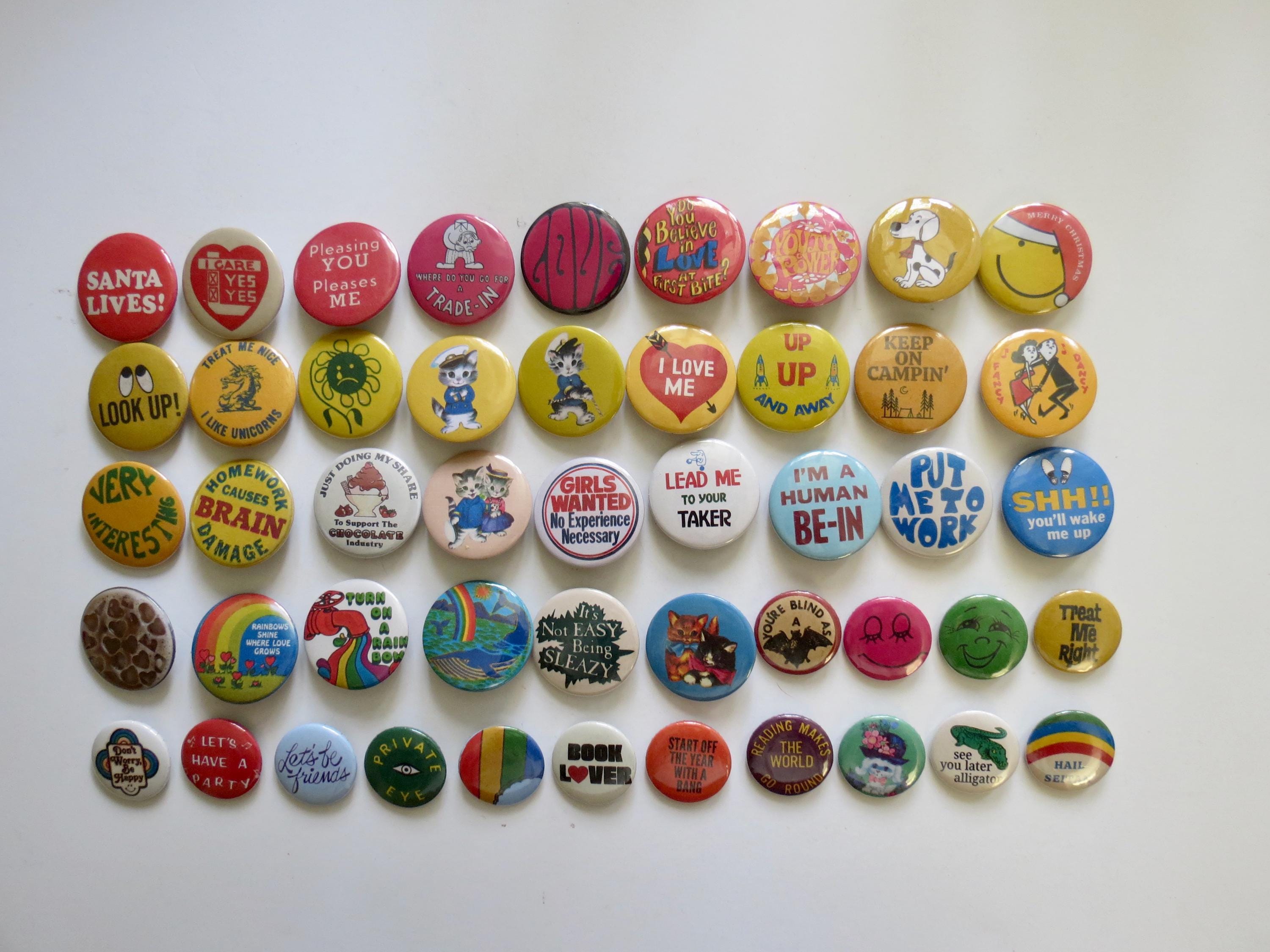 Vintage Style Pinback Buttons - 60s 70s 80s Novelty Pins - Reproduction ...