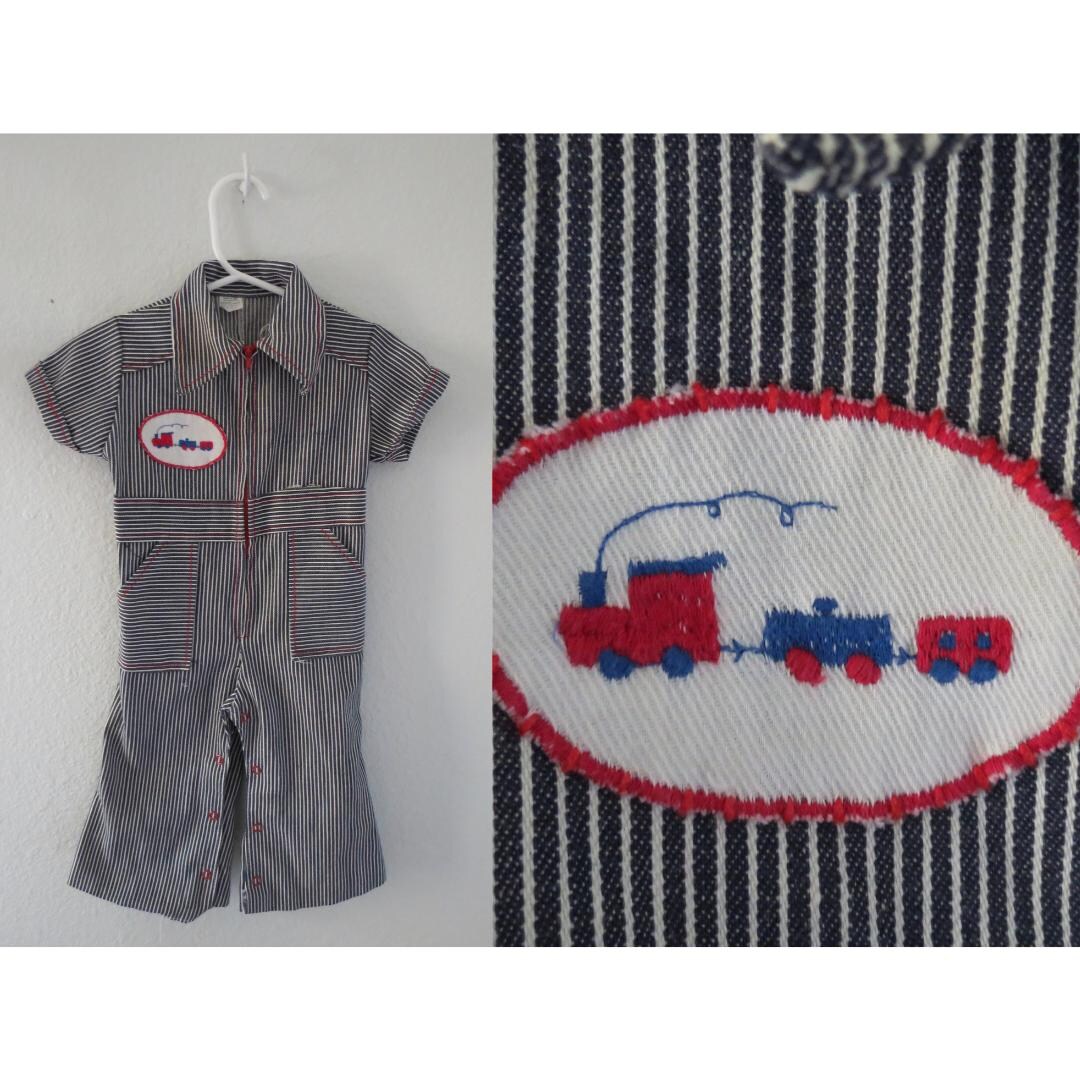 Vintage Baby Train Engineer Jumpsuit - Striped Romper - Costume Train ...