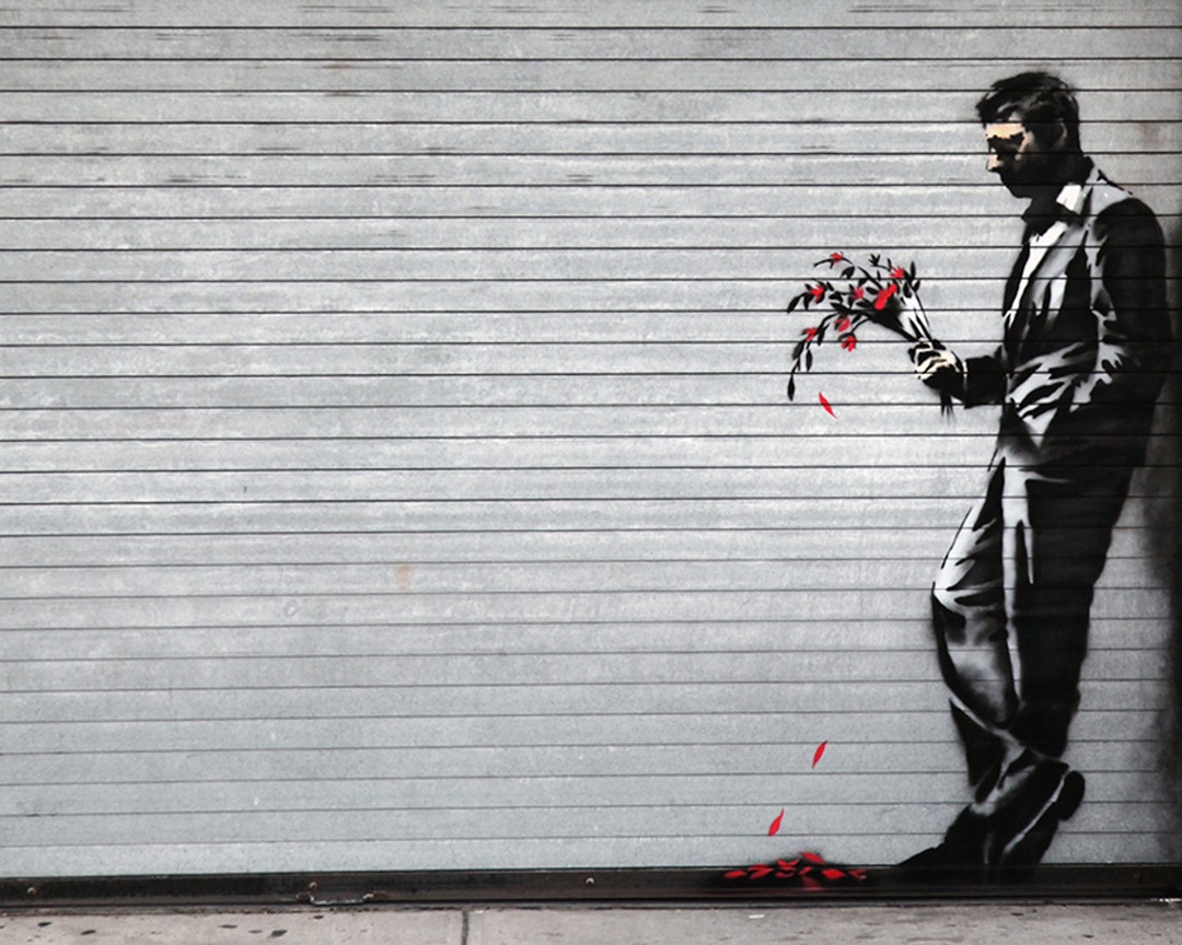 Banksy Canvas Man Waiting With a Flower Bouquet Street Art Banksy Canvas Man Waiting With a Flower Bouquet Street Art