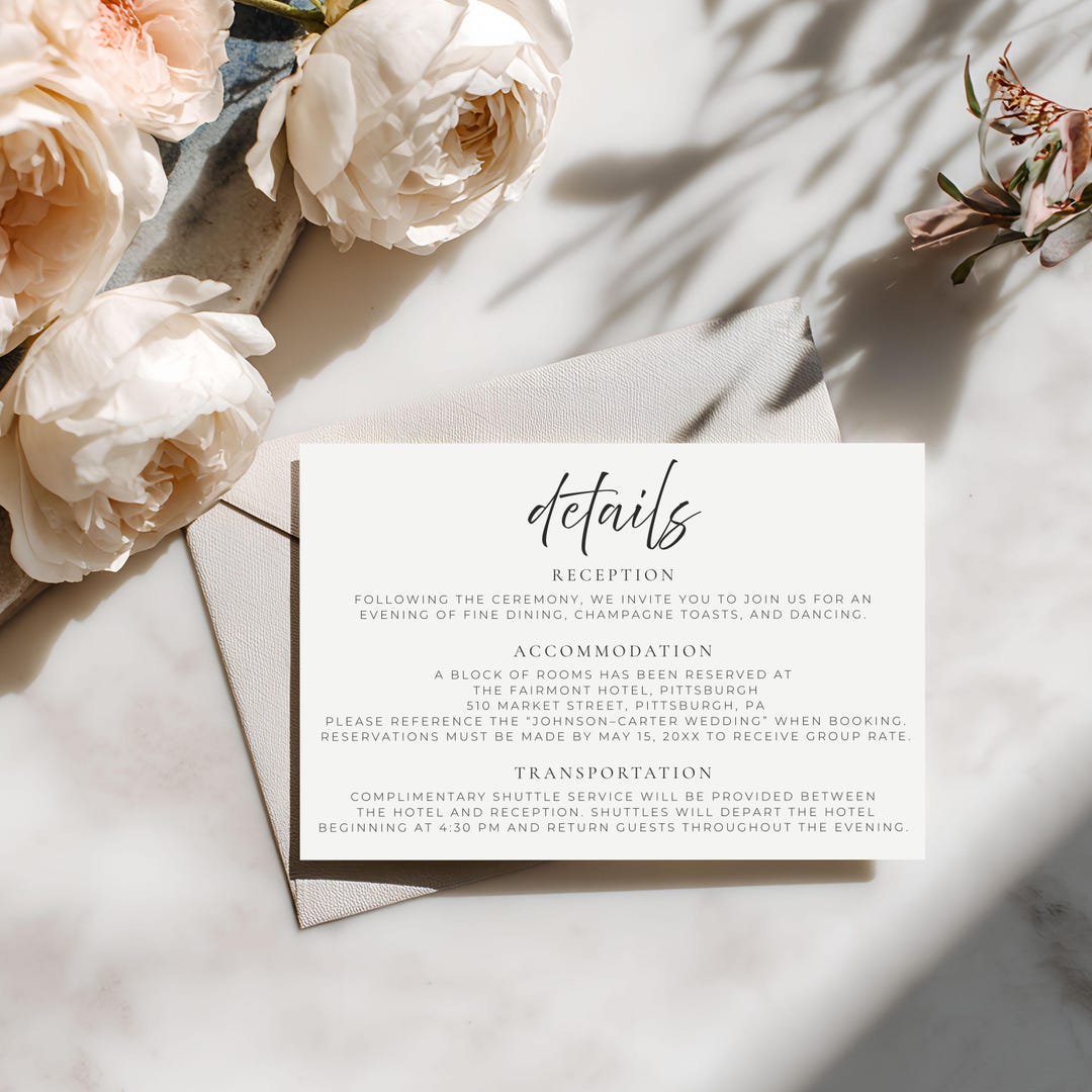 Minimal Modern Wedding Details Insert Enclosure Card, Editable Template ...