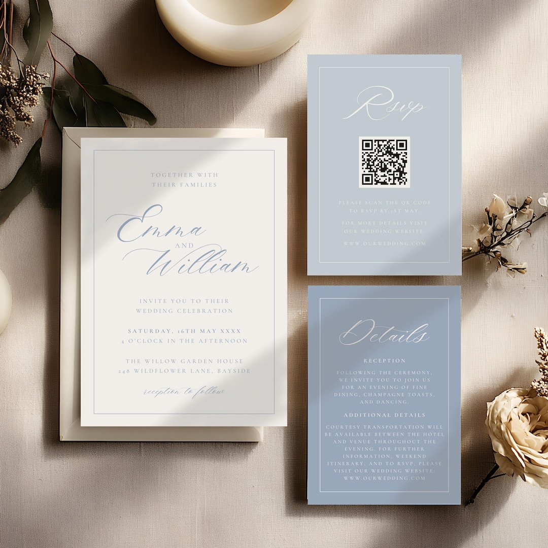 Dusty Blue Wedding Invitations With QR Code, Editable Template ...