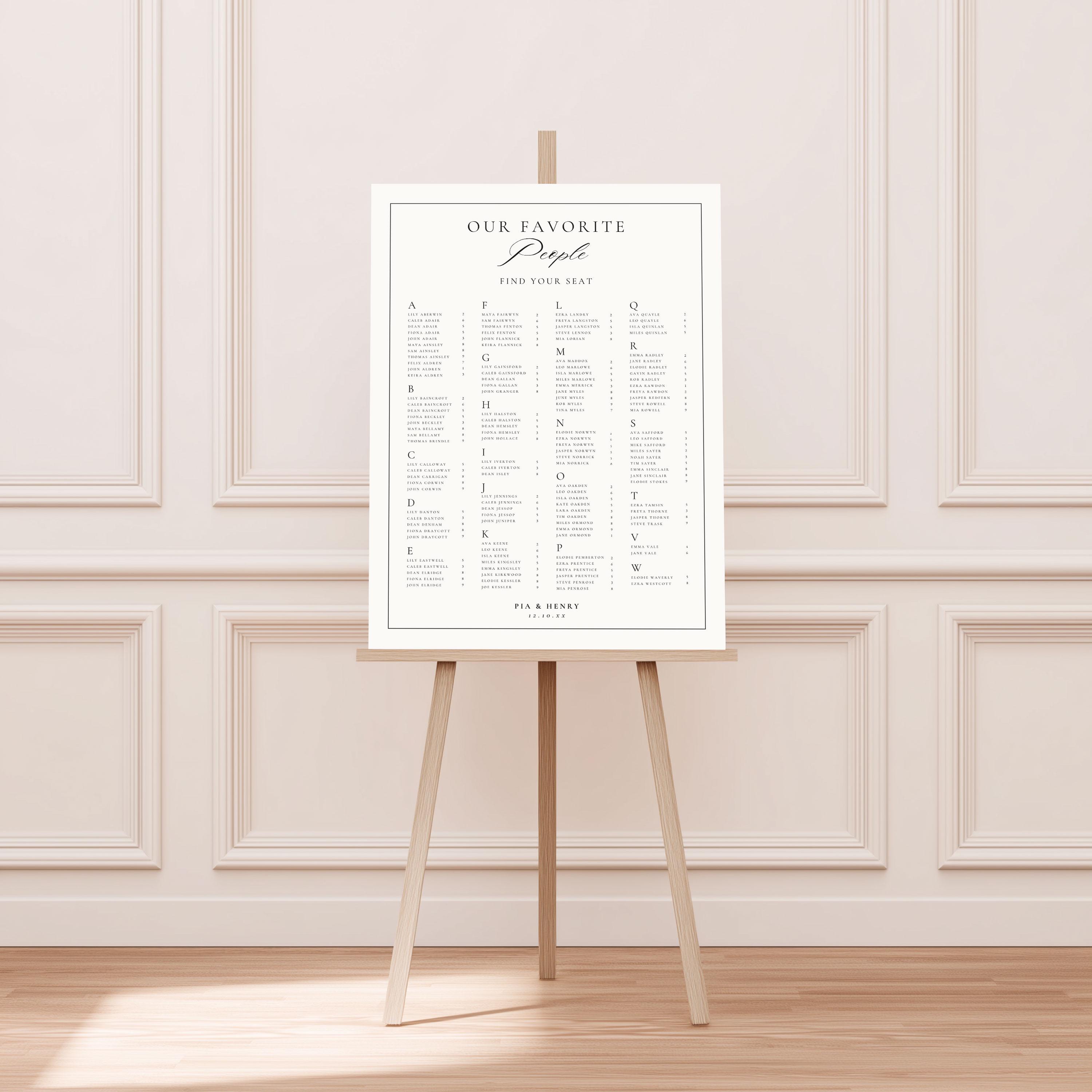 Seating Chart Alphabetical Order Template, Editable Wedding Seating ...