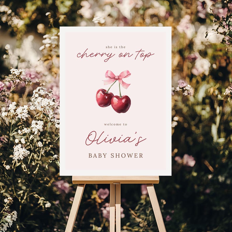 Cherry on Top Baby Shower Welcome Sign, Editable Template, Pink Bow ...
