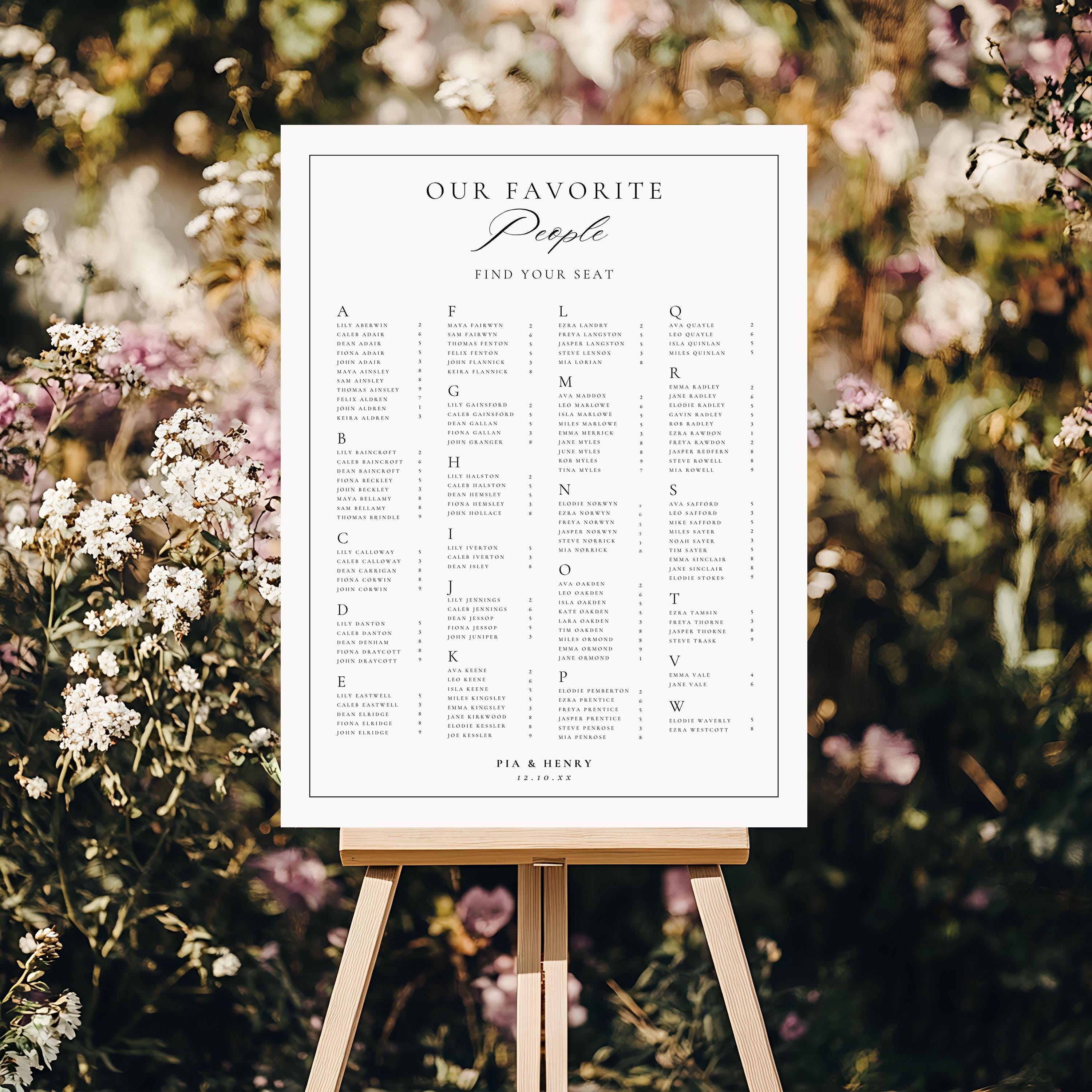 Seating Chart Alphabetical Order Template, Editable Wedding Seating ...