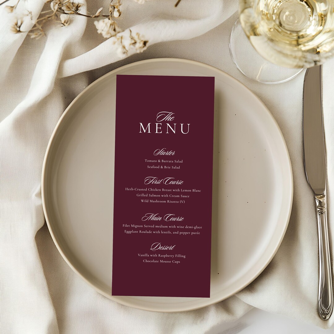 Maroon Wedding Menu Template, Elegant Floral Design, Editable Digital ...