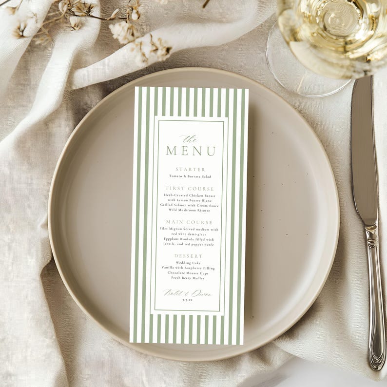 Green Striped Menu Template, Elegant Wedding or Bridal Shower Menu ...