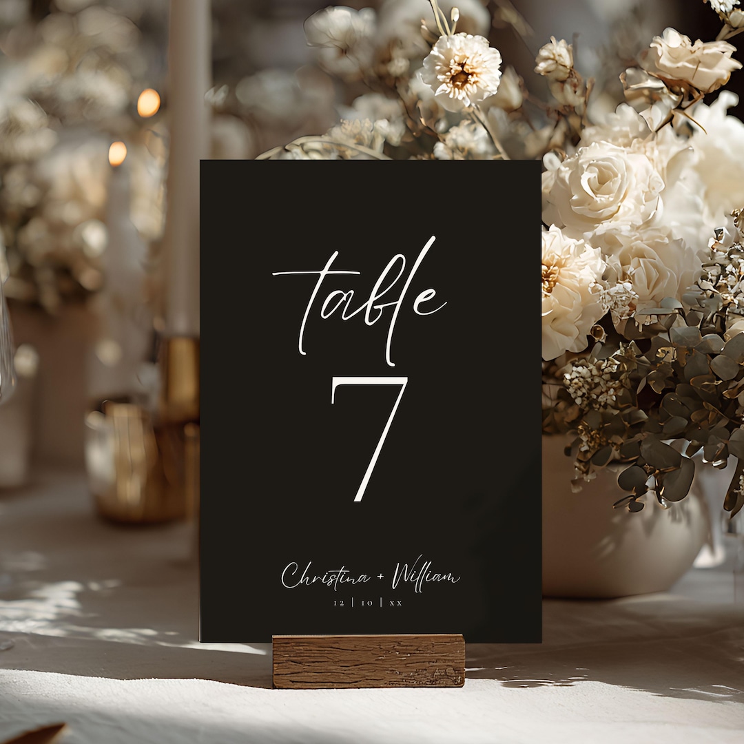 Black Minimal Wedding Table Number Template, Elegant 4x6 Editable ...