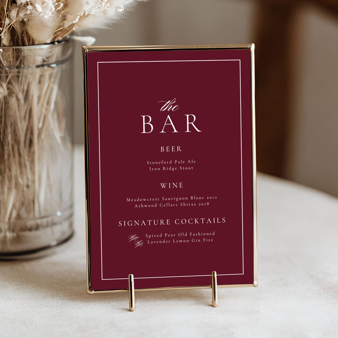 Wedding Menu Template, Elegant Maroon Bar Menu, Editable Printable ...