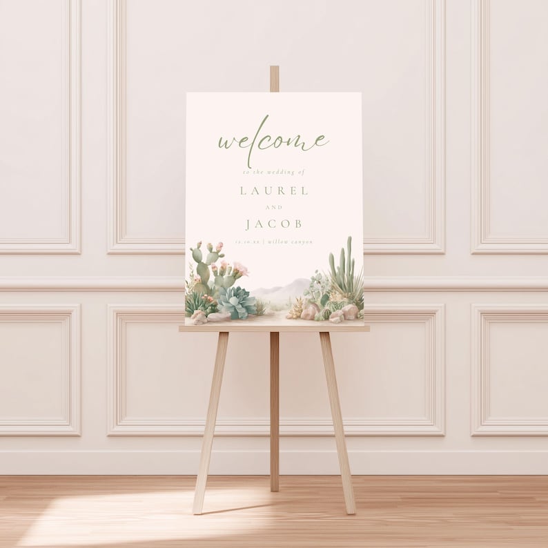 Cactus Wedding Welcome Sign Template, Editable Boho Bridal Shower Sign ...