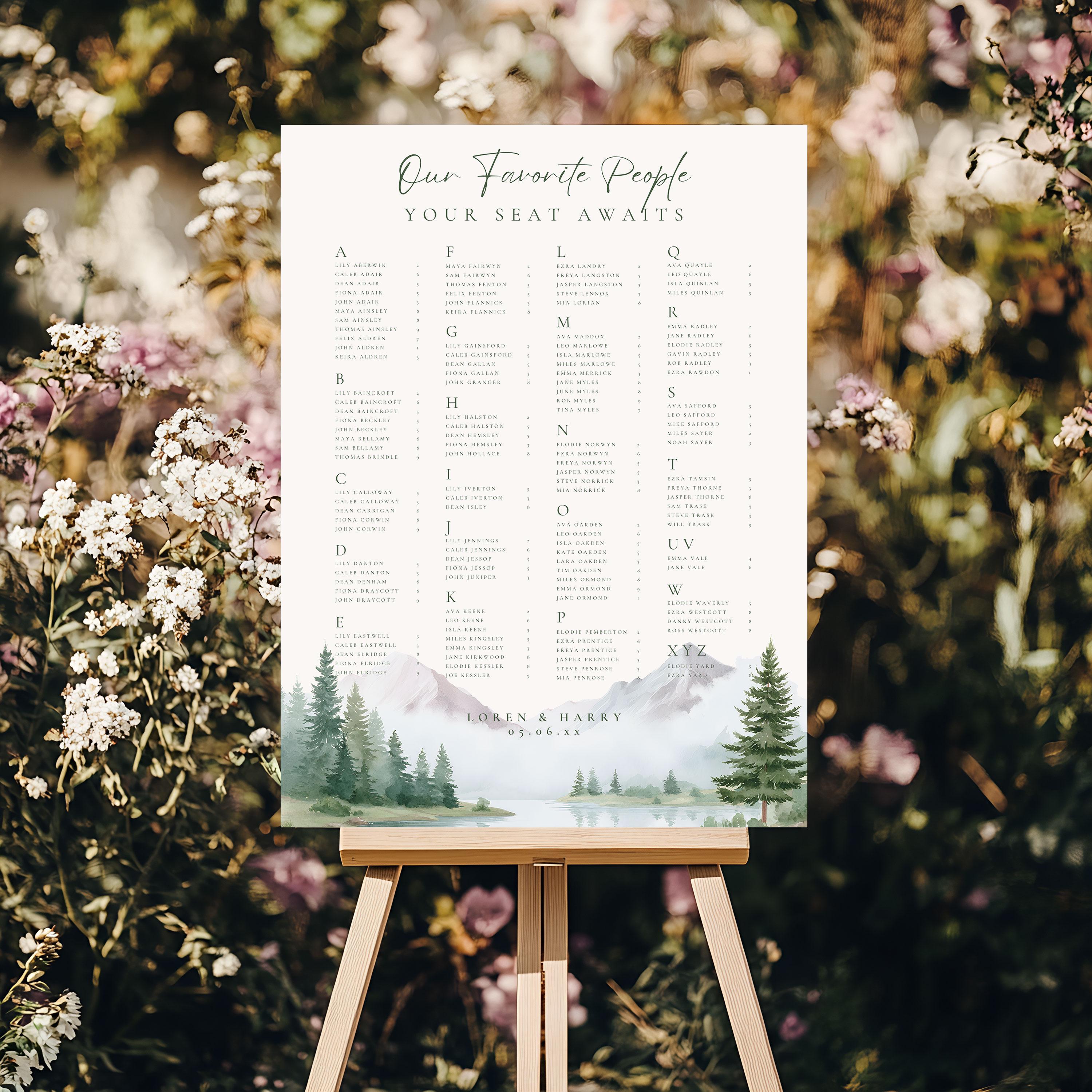 Mountain Wedding Seating Chart Sign, Editable Rustic Table Plan ...