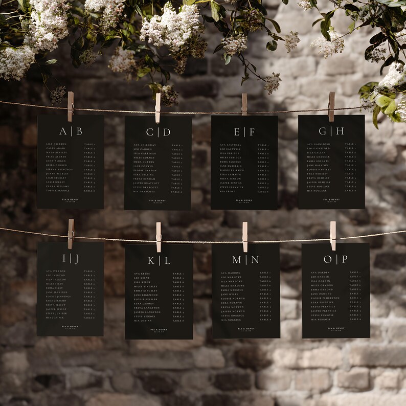 Black Alphabetical Seating Chart Template, Modern Wedding Seating Plan ...