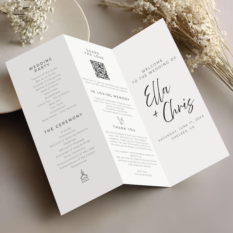Trifold Wedding Program Template Canva, Editable Digital Download ...