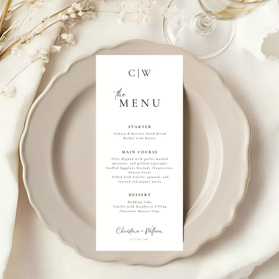 Minimalist Wedding Menu With Name, Custom Reception Dinner Menu Card ...