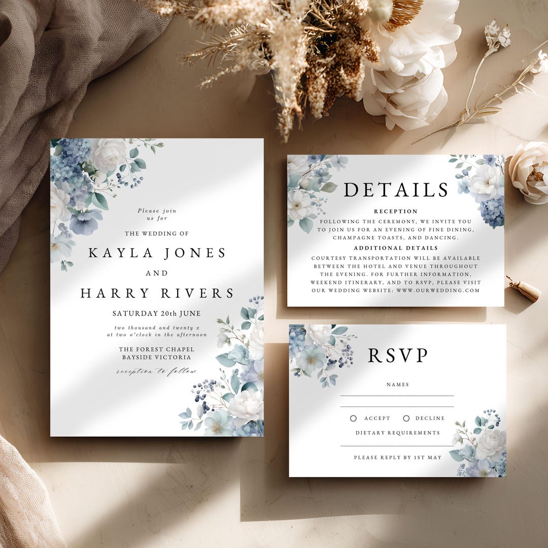 Dusty Blue Floral Wedding Invitation Set Template | Editable Canva ...