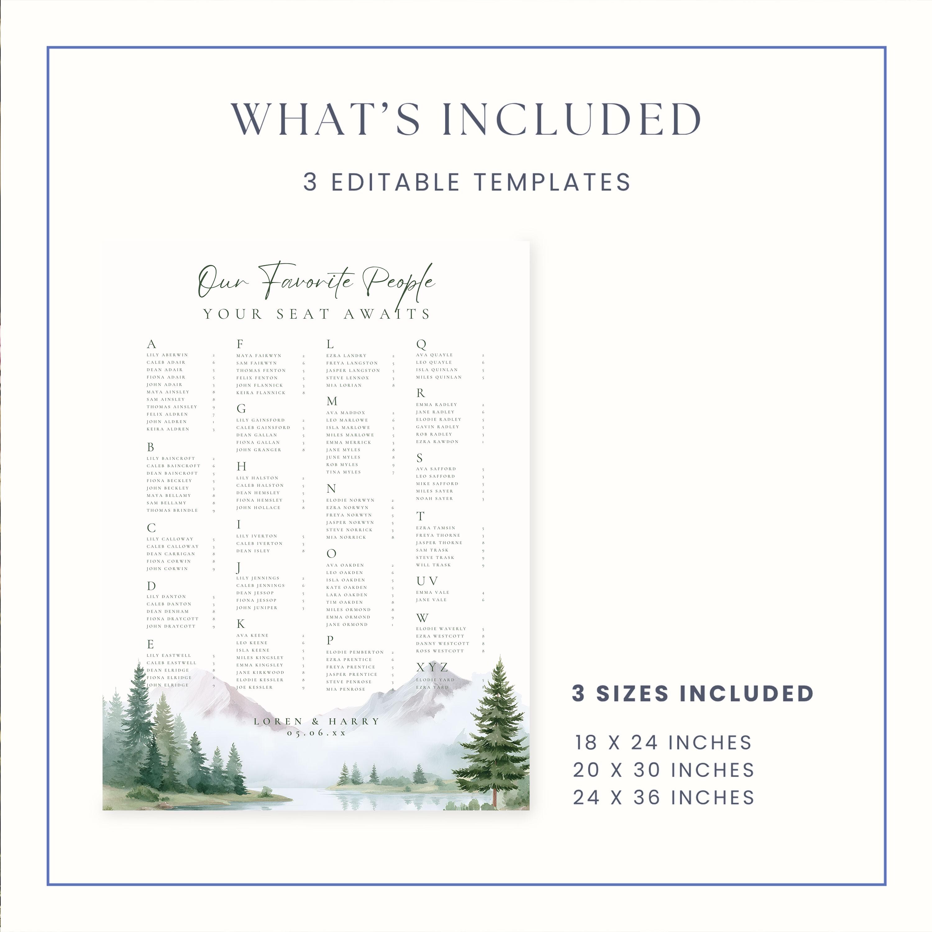Mountain Wedding Seating Chart Sign, Editable Rustic Table Plan ...