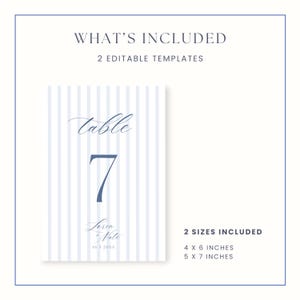 Blue Striped Table Number Template, Editable Printable Wedding Table ...