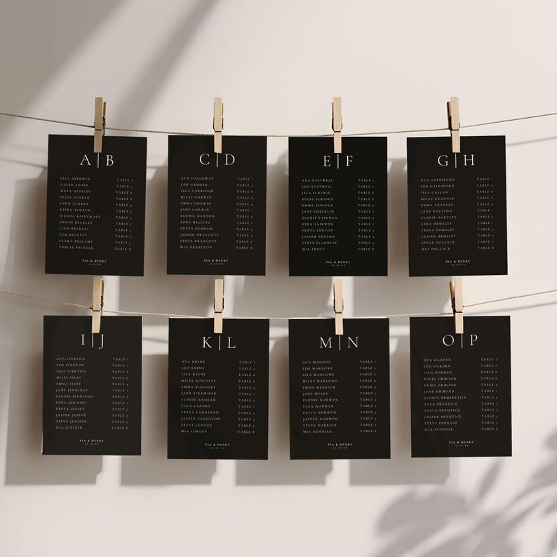 Black Alphabetical Seating Chart Template, Modern Wedding Seating Plan ...